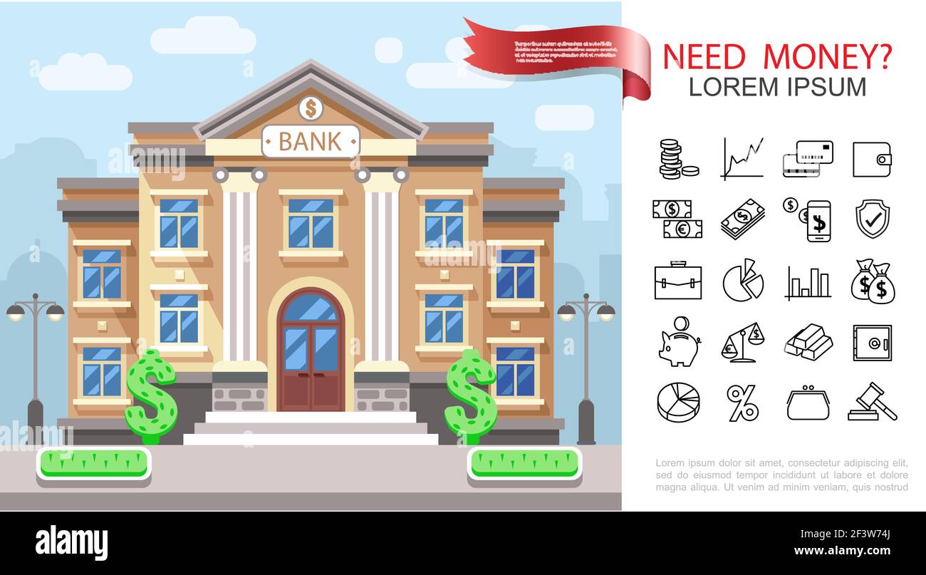 Flat business and finance colorful concept with bank building financial ...