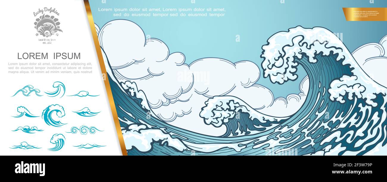 Hand drawn marine concept with big sea storm and tsunami waves vector ...