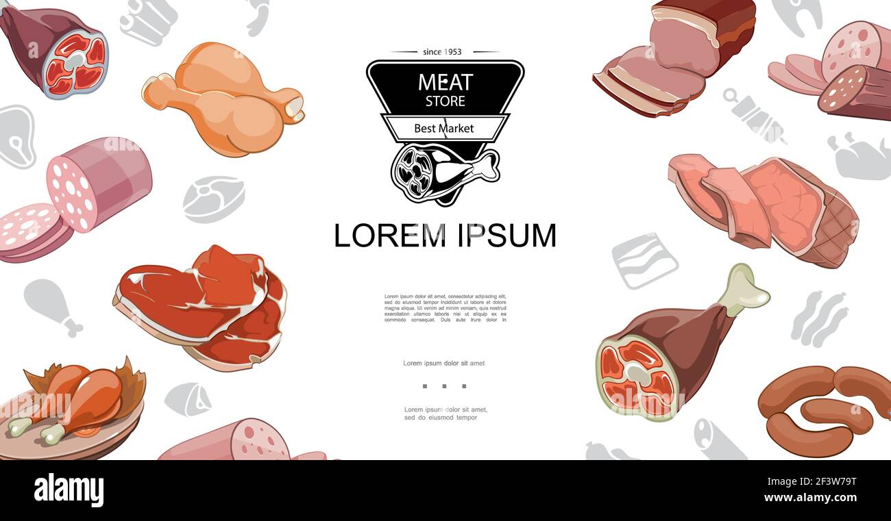 Cartoon meat food colorful concept with pork knuckle beef steak roast ...