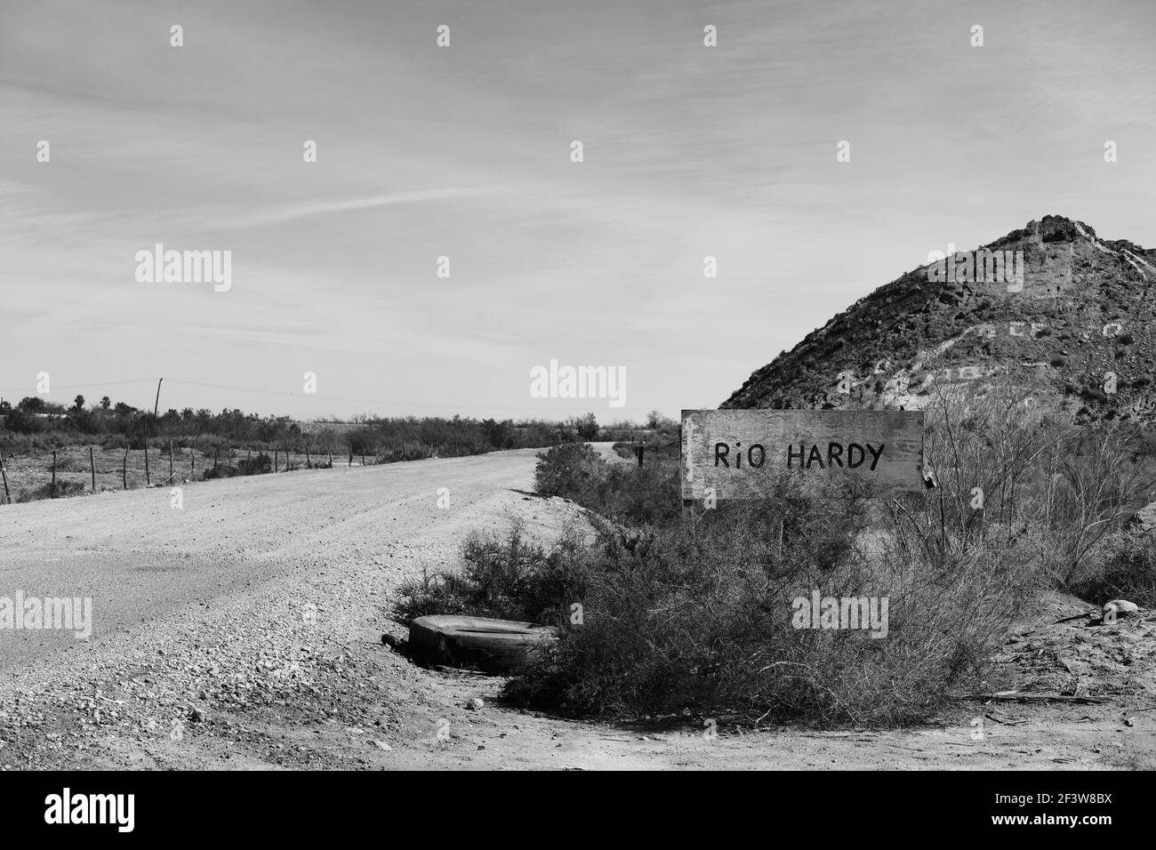 Hand made sign on a dirt road heading to Hardy River, near Mexicali ...