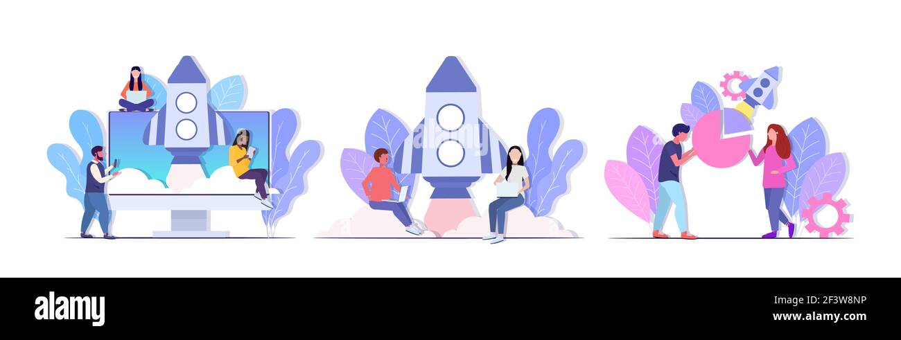 set businesspeople brainstorming successful team launching space rocket ...