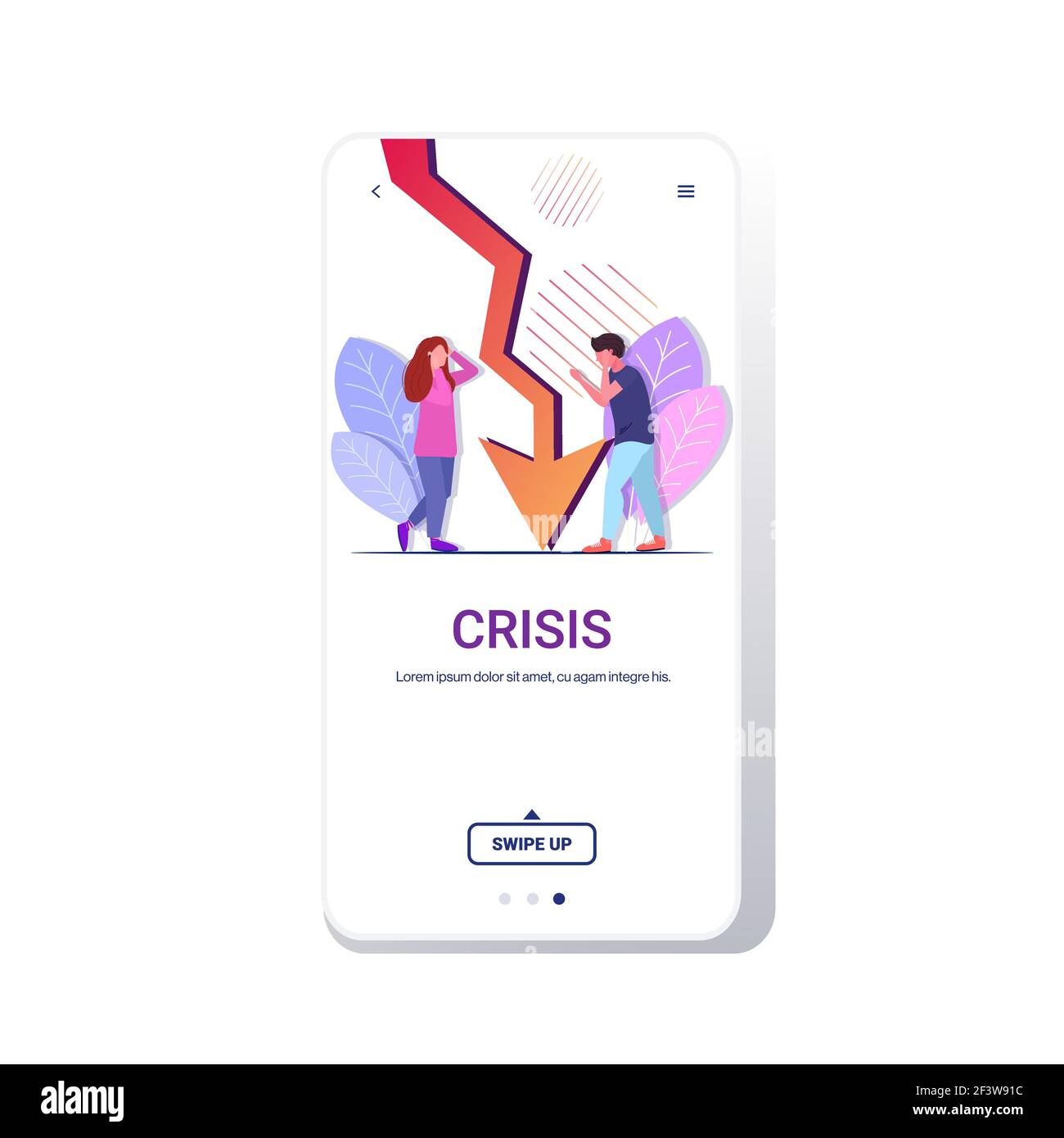 businesspeople couple frustrated about downward chart economic arrow ...