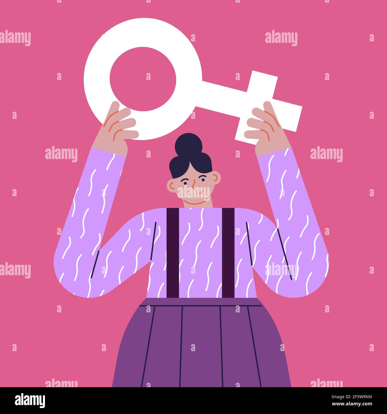 Young woman holding big female symbol up for feminist issues or ...