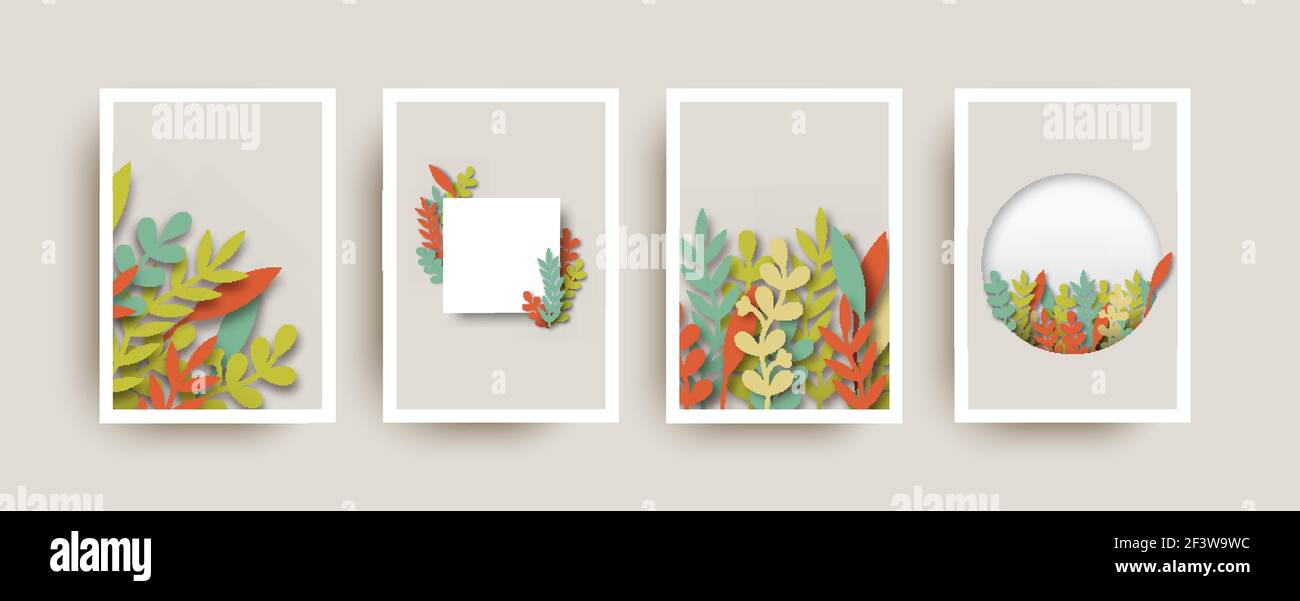 Empty paper cut white frame with realistic 3d papercut tree leaves and ...
