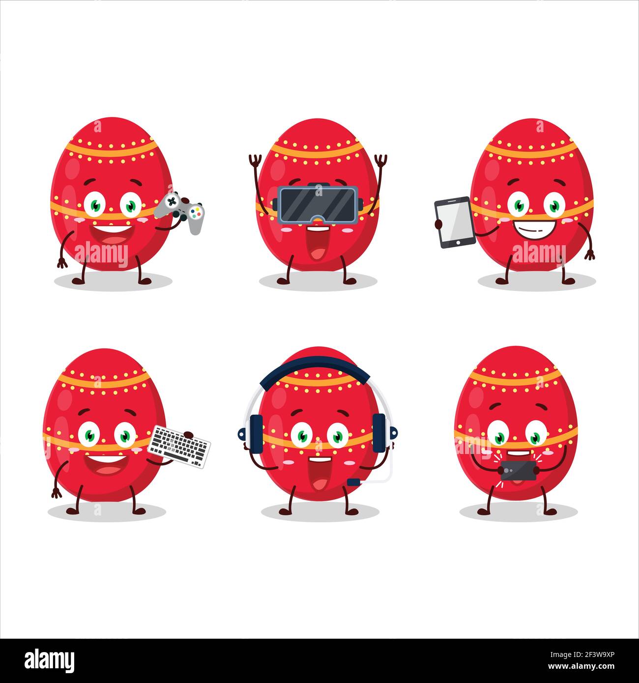 Red easter egg cartoon character are playing games with various cute ...