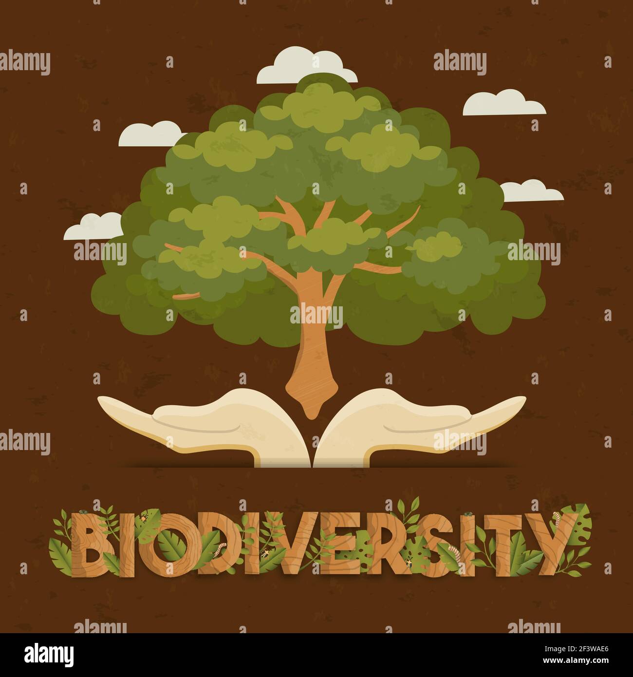 Biodiversity illustration of human hands holding big green tree. Nature ...