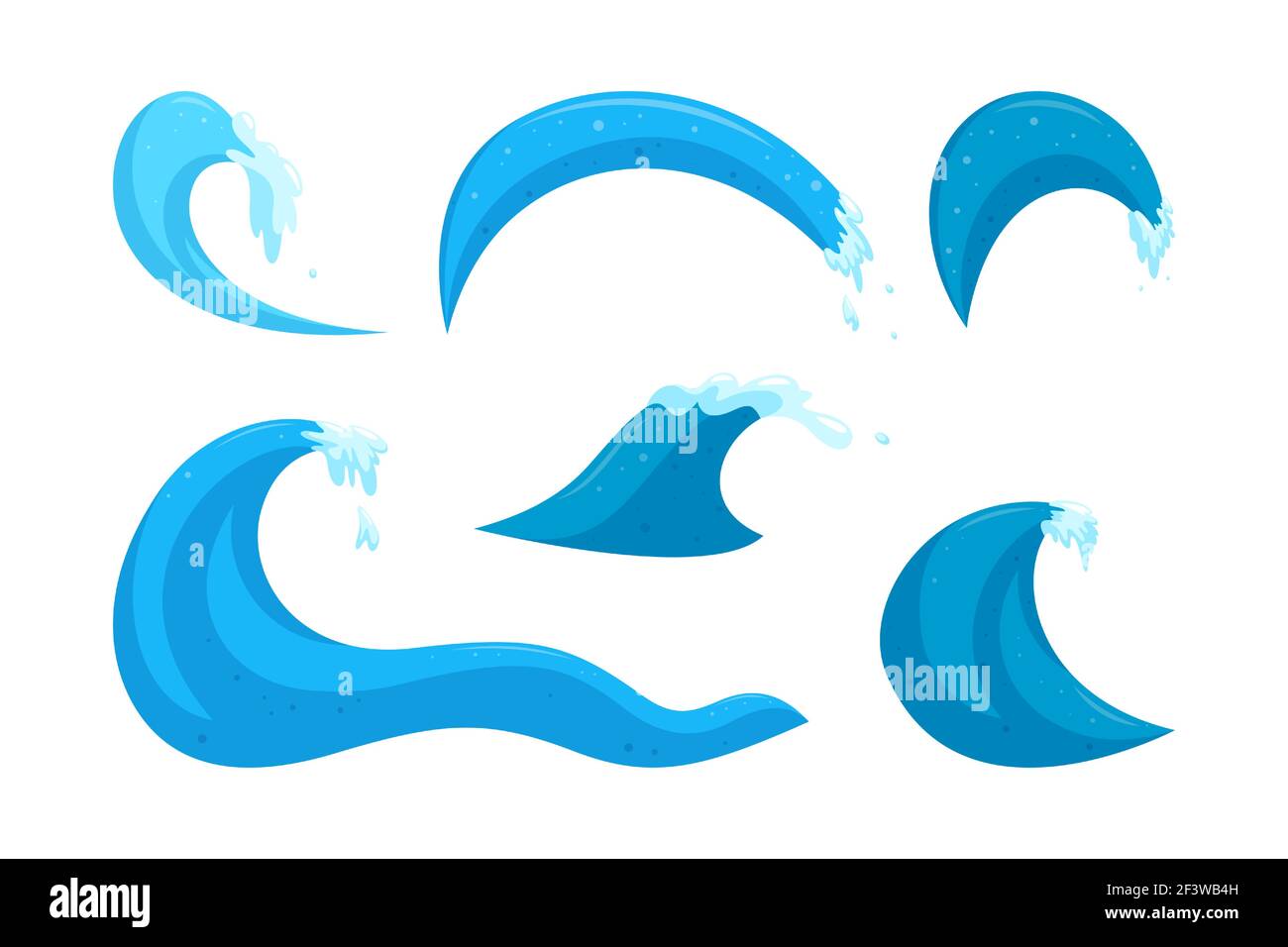 Ocean wave elements. Surfing water set with waves and splashes. Cartoon ...