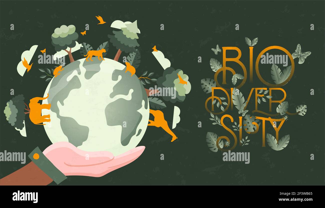 Biodiversity banner illustration of human hand holding green planet ...