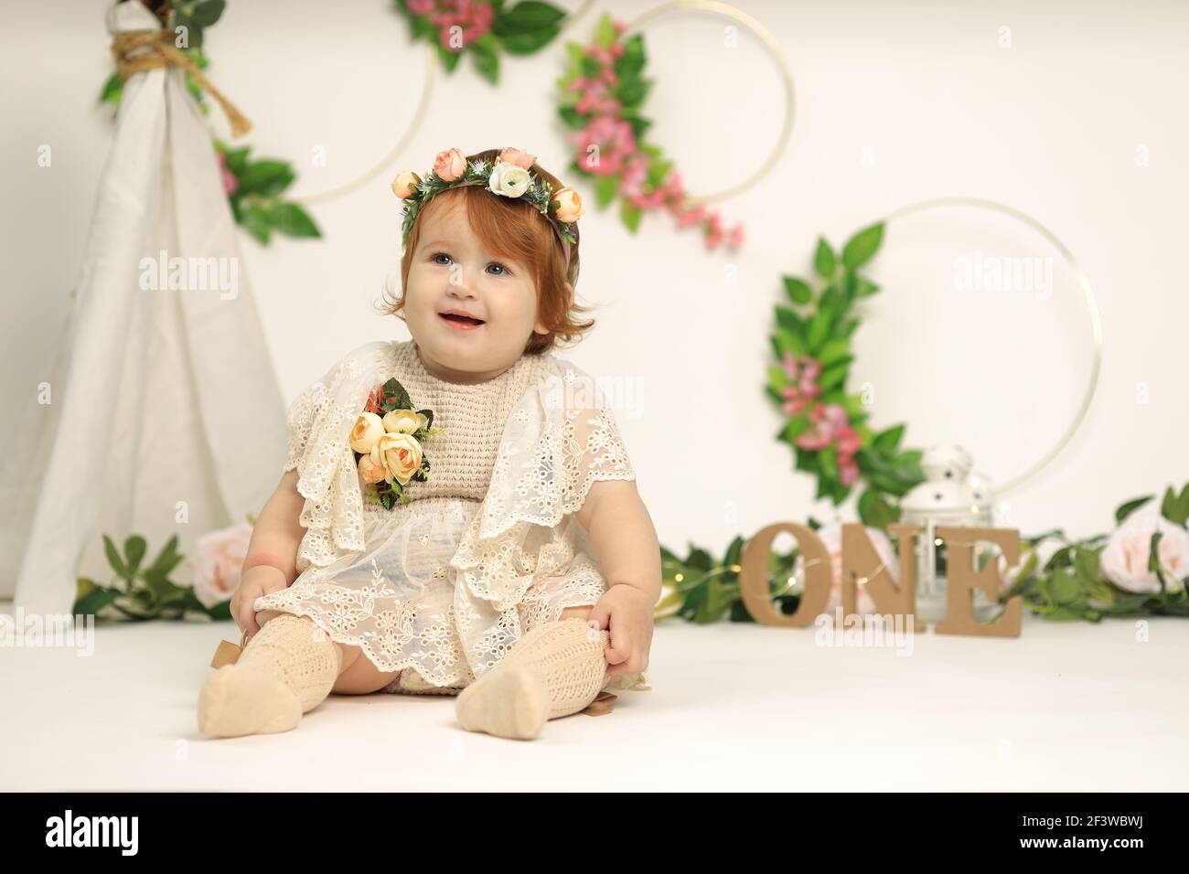 happy red hair baby girl, 1st birthday concept Stock Photo - Alamy