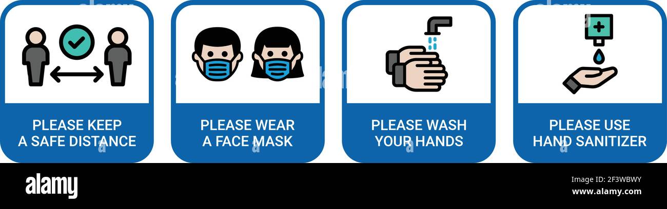 Coronavirus prevention sign. Social distancing, wear mask, wash hands ...
