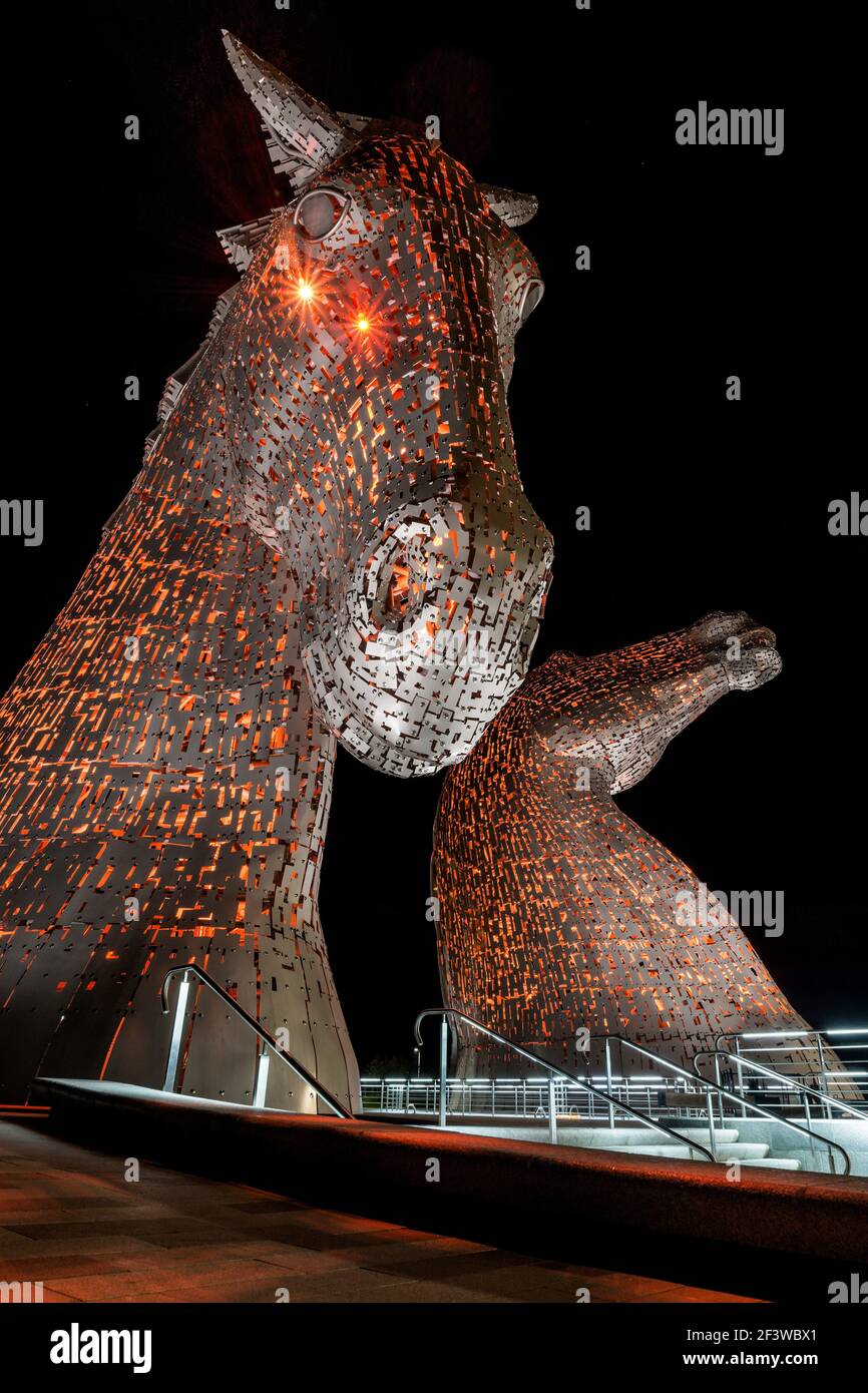 Night view of the Kelpies large horse head statue sculptures monument ...