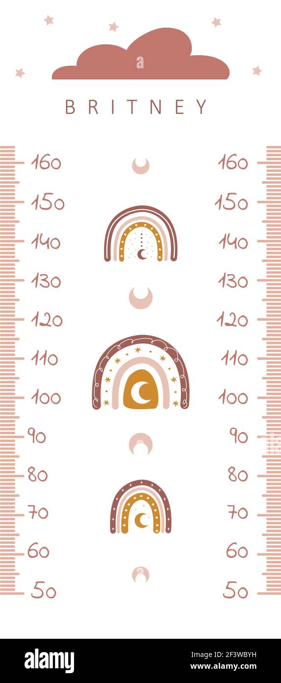 Kids height chart. Meter wall with cute boho rainbow. Vector ...