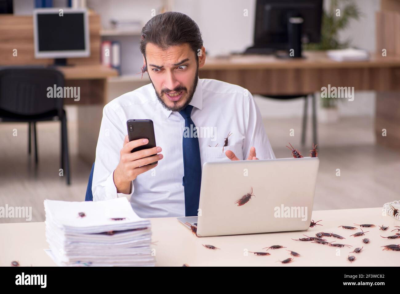 Young businessman employee and too many cockroaches in the office Stock ...