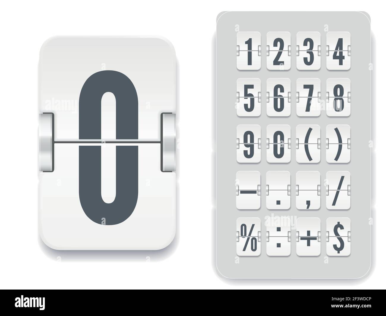 White analog black countdown timer number font. Flip number and symbol scoreboard with shadows ...