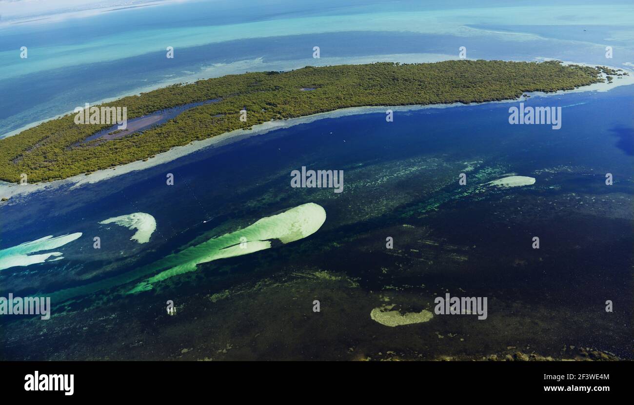 A mosaic of ocean colors as seen from above the Coral Sea in Queensland ...