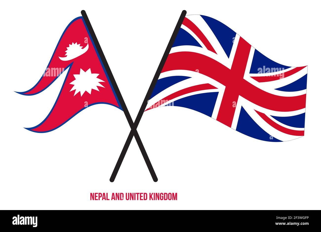 Nepal and United Kingdom Flags Crossed And Waving Flat Style. Official ...