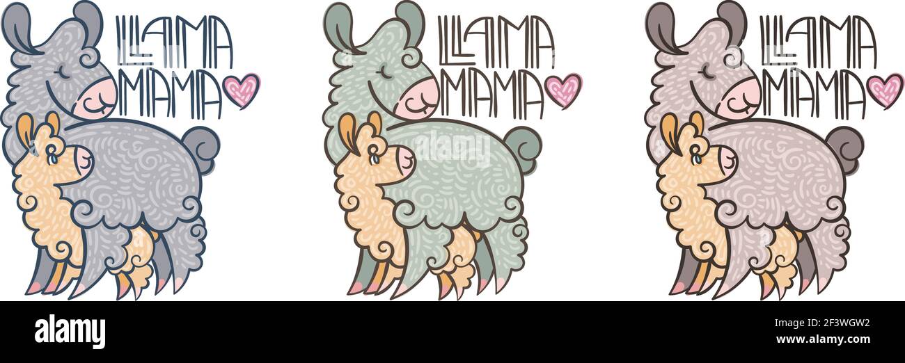 Llama Mama. Set of cute curly llamas mom with baby. Illustration with ...