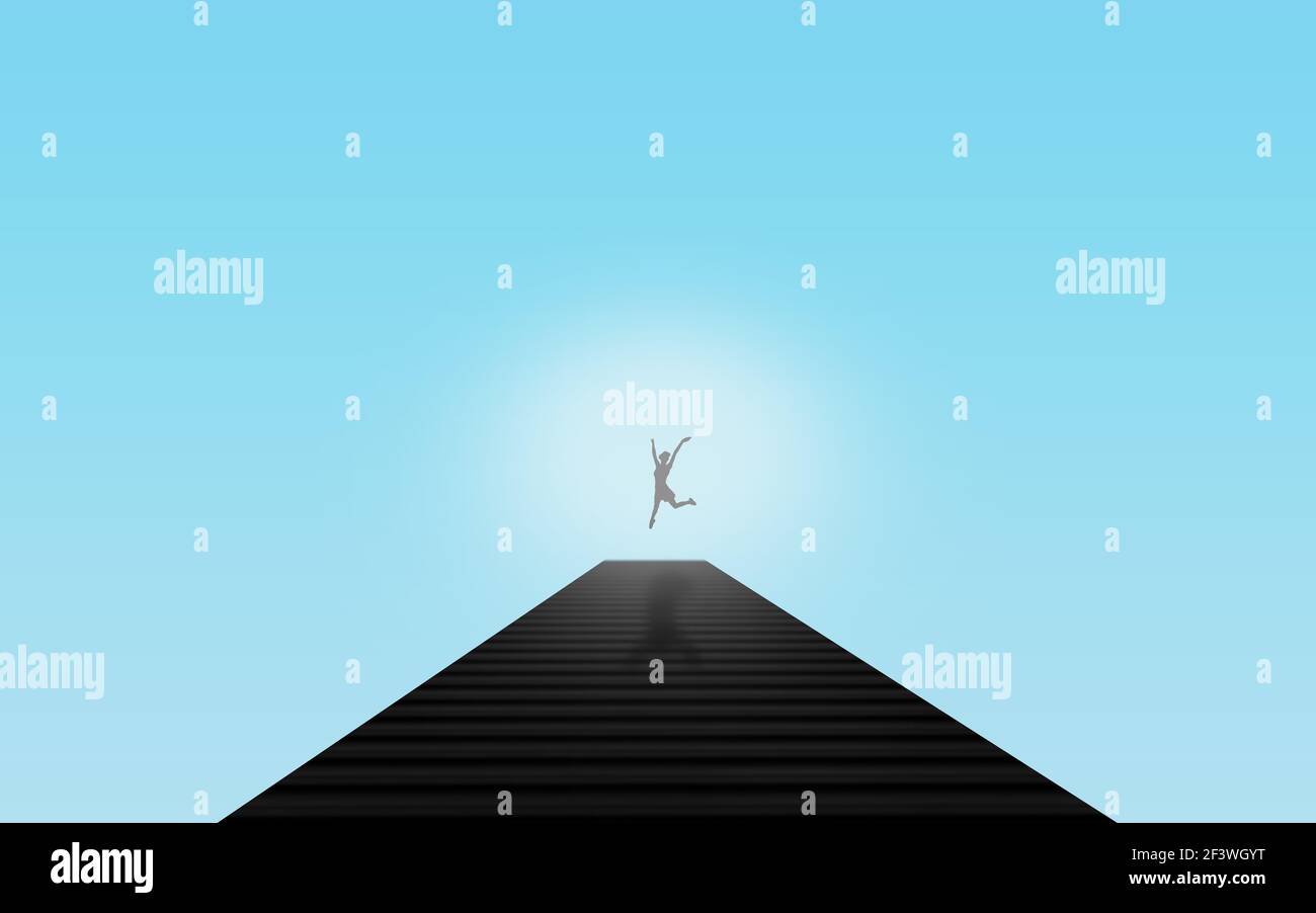free woman jumping in Sky, after climbing the long stairway. Financial ...