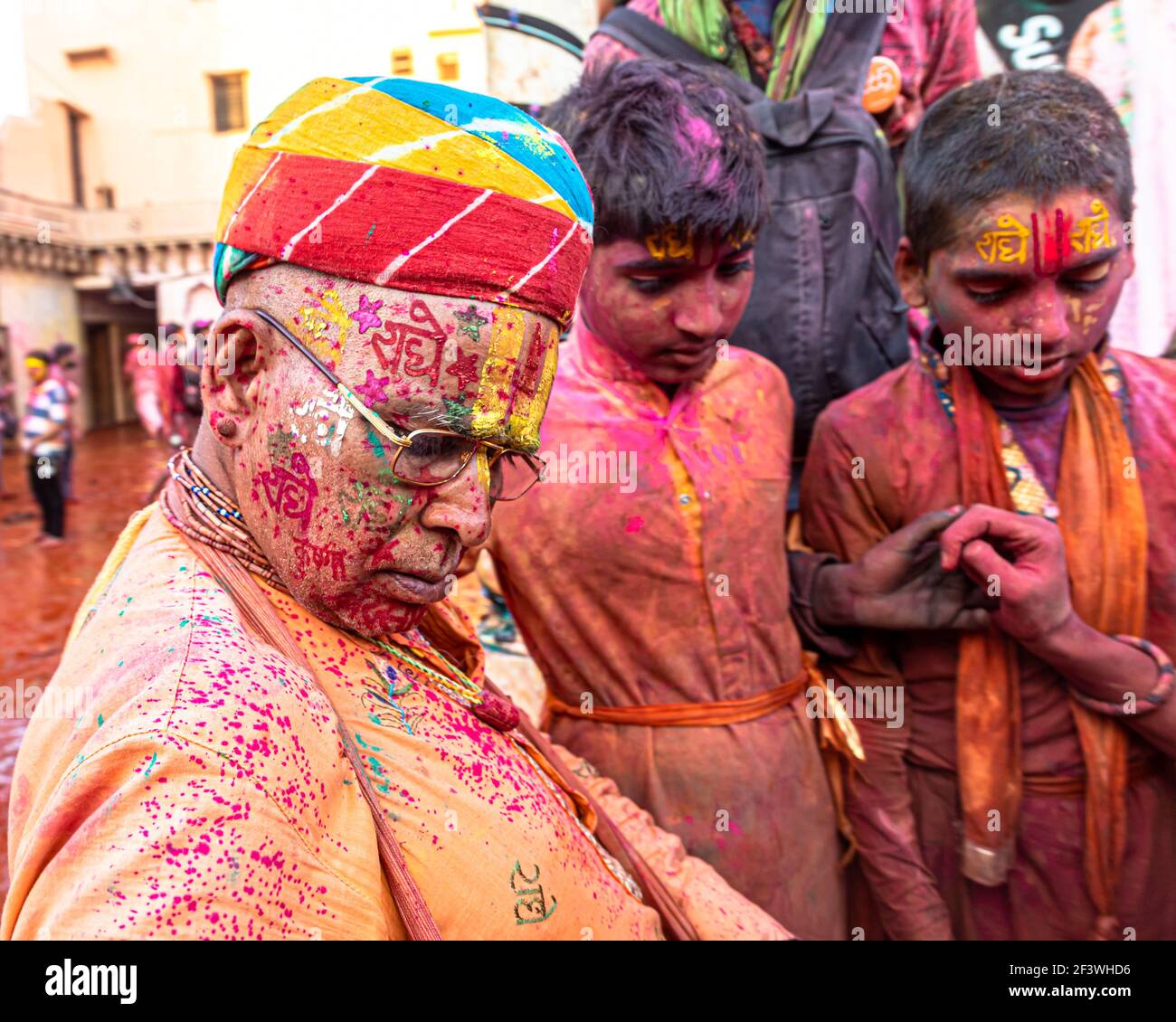 portrait of a man on holi festival in india with selective focus on ...