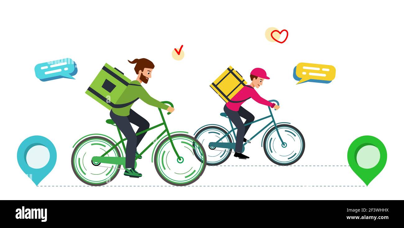 Concept of competition between two delivery services. Two couriers ride ...