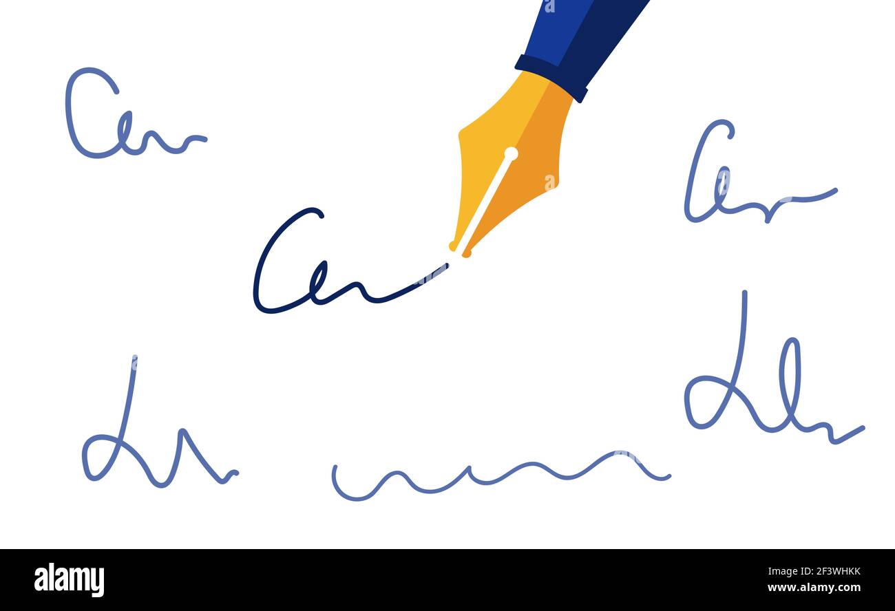 Set Personal signature written with a fountain pen. Gold fountain pen ...