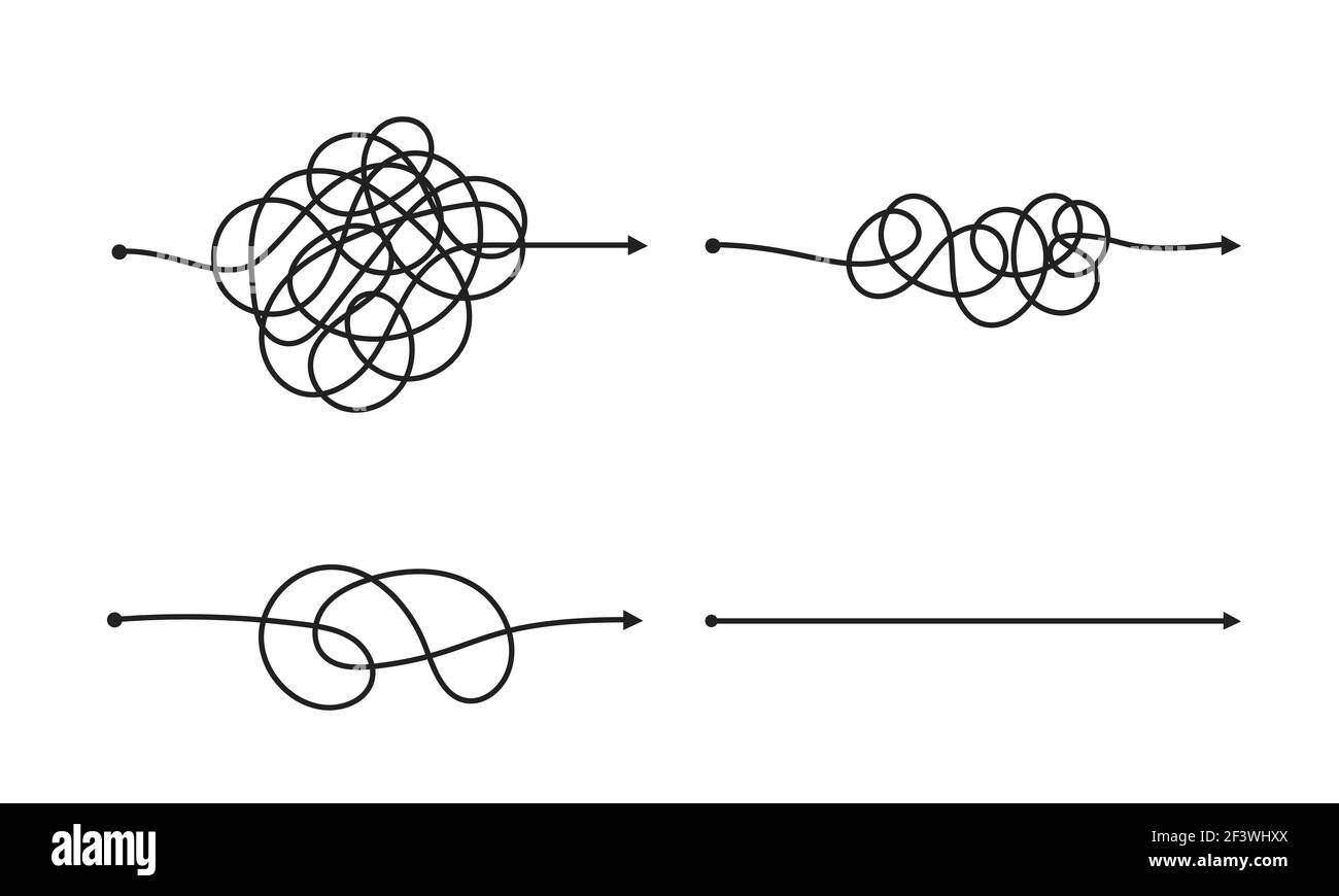 Complex and easy simple way from start to end vector illustration set. Chaos simplifying ...