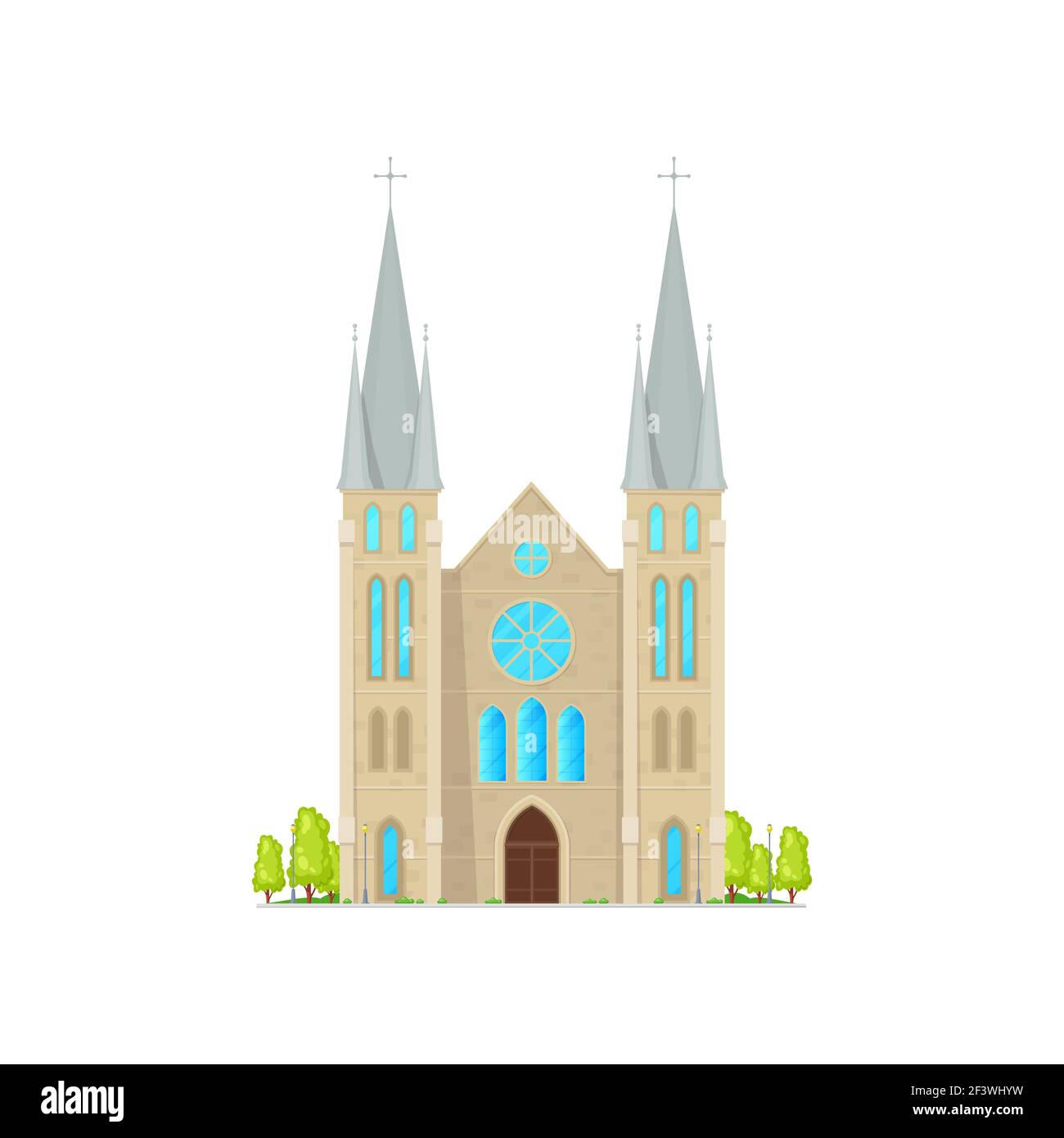 Church with tower, facade of building with cross, exterior design of ...