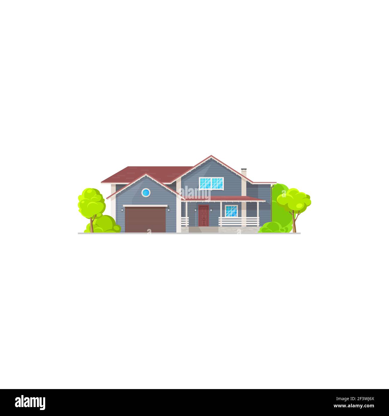 Cottage house in cartoon style with garage, entrance door and windows ...