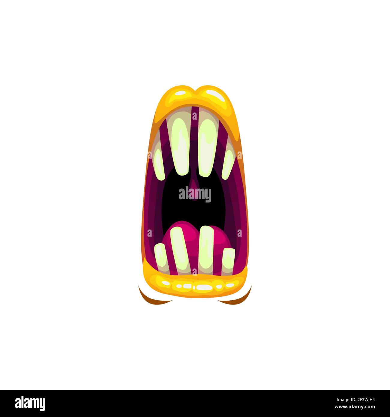 Monster mouth, vector creepy yell jaws, alien roar maw with long teeth and yellow lips ...