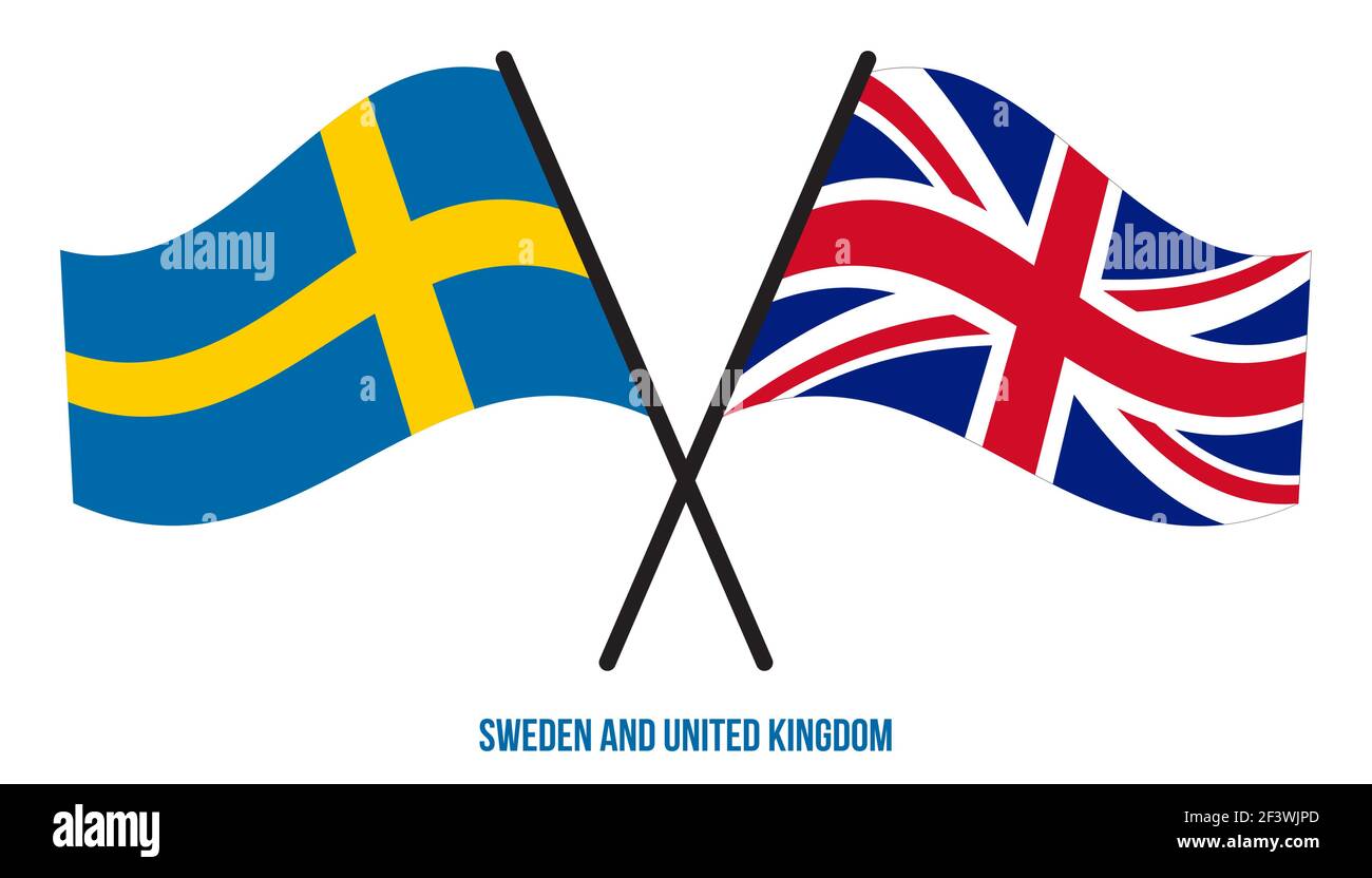Sweden and United Kingdom Flags Crossed And Waving Flat Style. Official ...