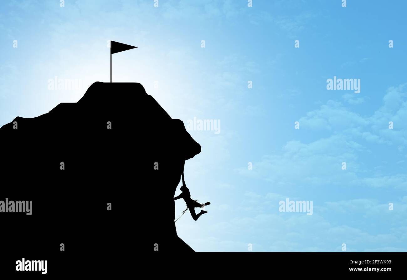 Climber hardly trying to climb a cliff to attempt the flag on top. Blue ...