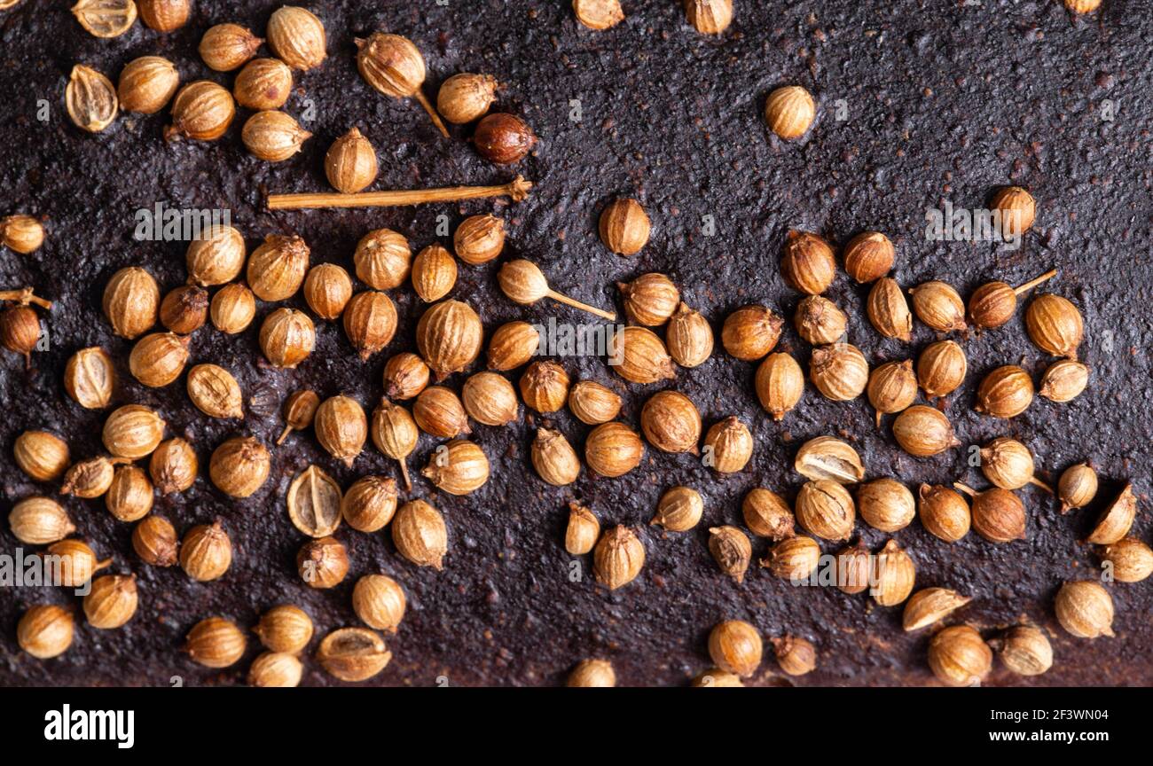Delicious black bread with coriander seasoning, macro. Healthy and high ...
