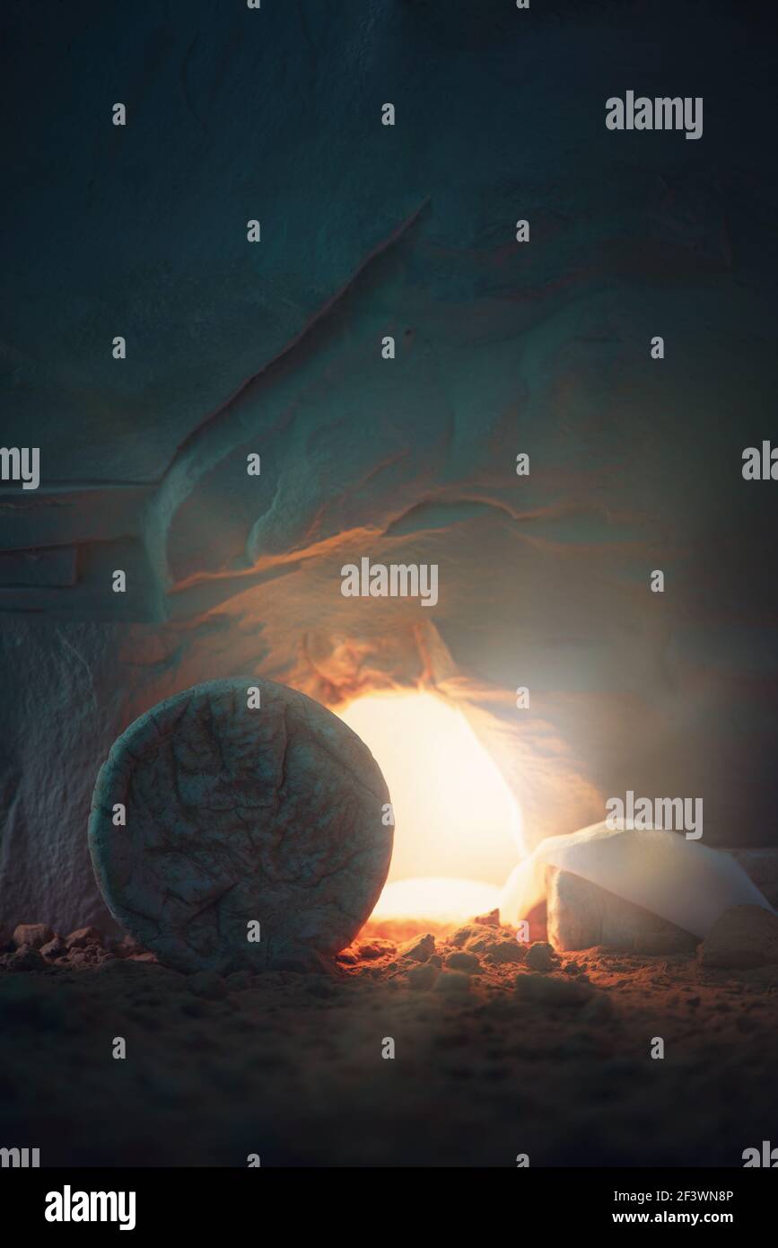 Empty tomb of Jesus Christ with light. Born to Die, Born to Rise. He is ...