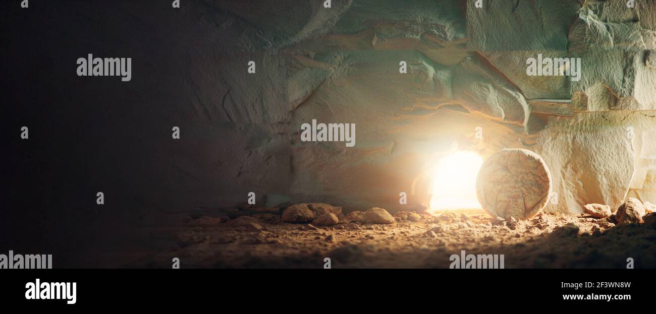 Christian Easter concept. Jesus Christ resurrection. Empty tomb of Jesus with light. Born to Die ...