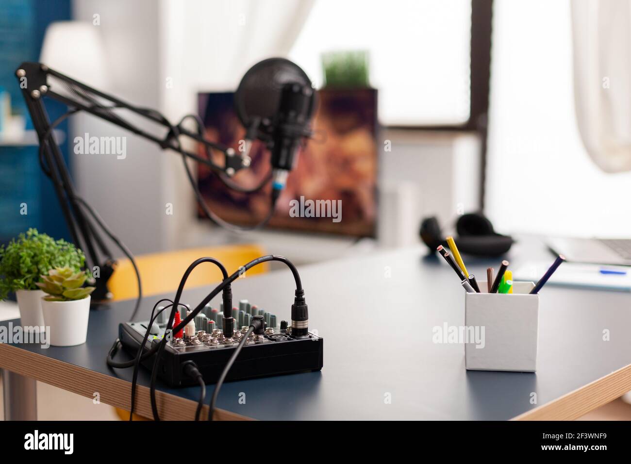 Microphone And Mixer For Podcast Of Famous Creator Influencer