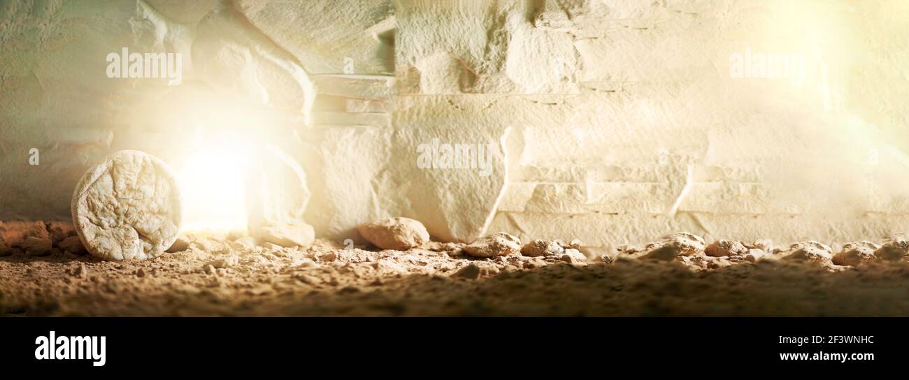 Stone is rolled away from empty grave on Easter morning. Jesus Christ ...