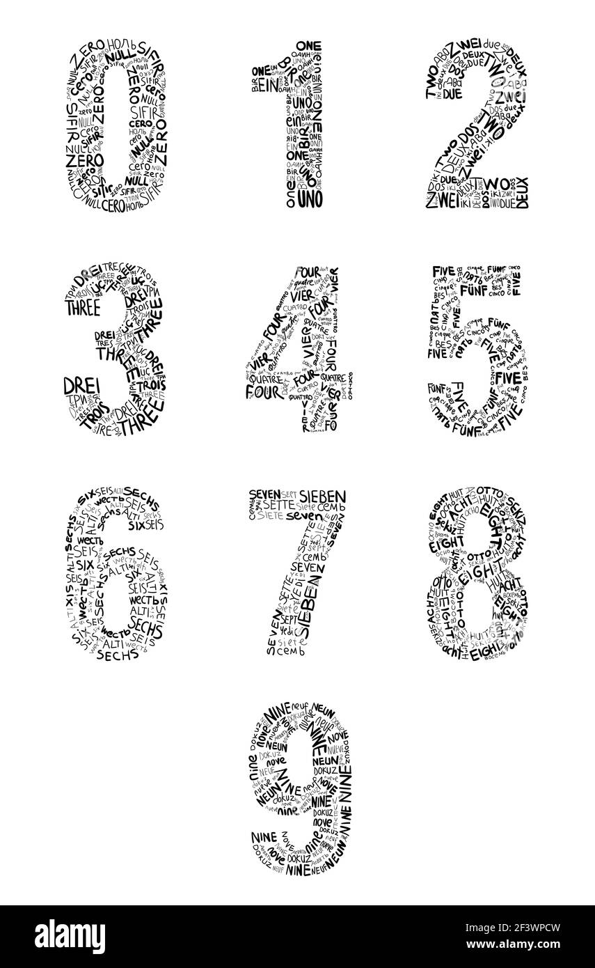 Multilingual Numbers zero to nine - written in writing concept Stock ...