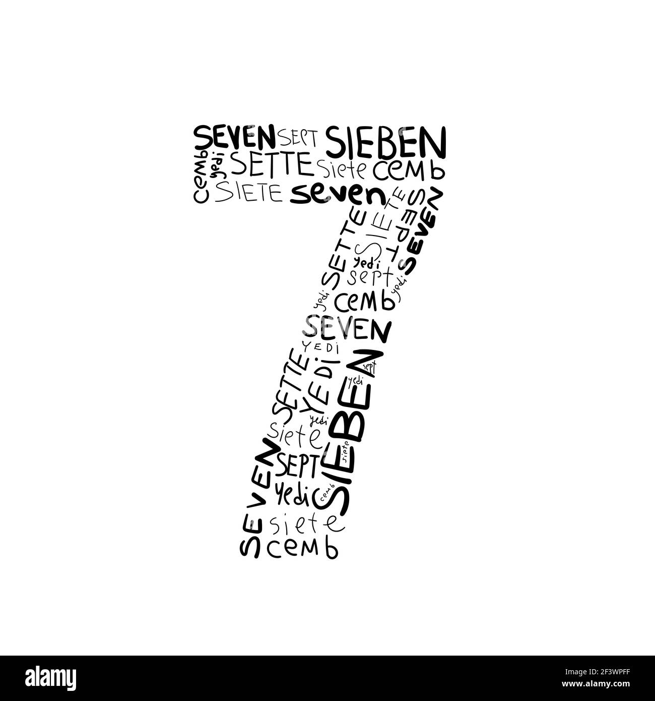 Seven - Multilingual Hand drawn number illustration Stock Photo - Alamy