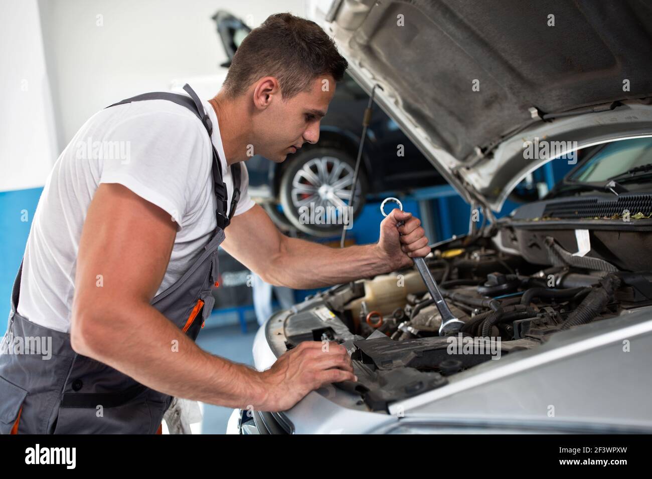 Muscular auto mechanic in a workshop Stock Photo - Alamy