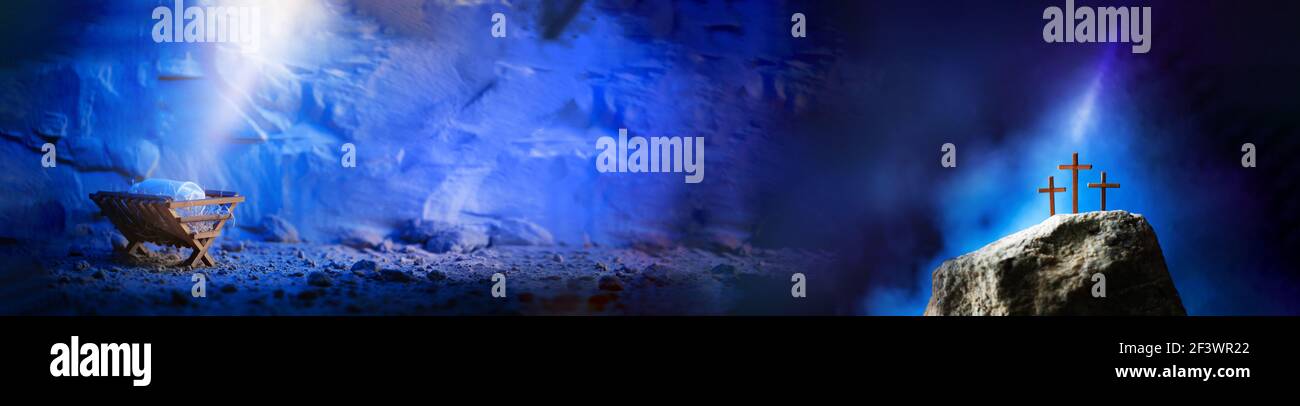 Christian Christmas and Easter concept. Birth, death, resurrection of ...