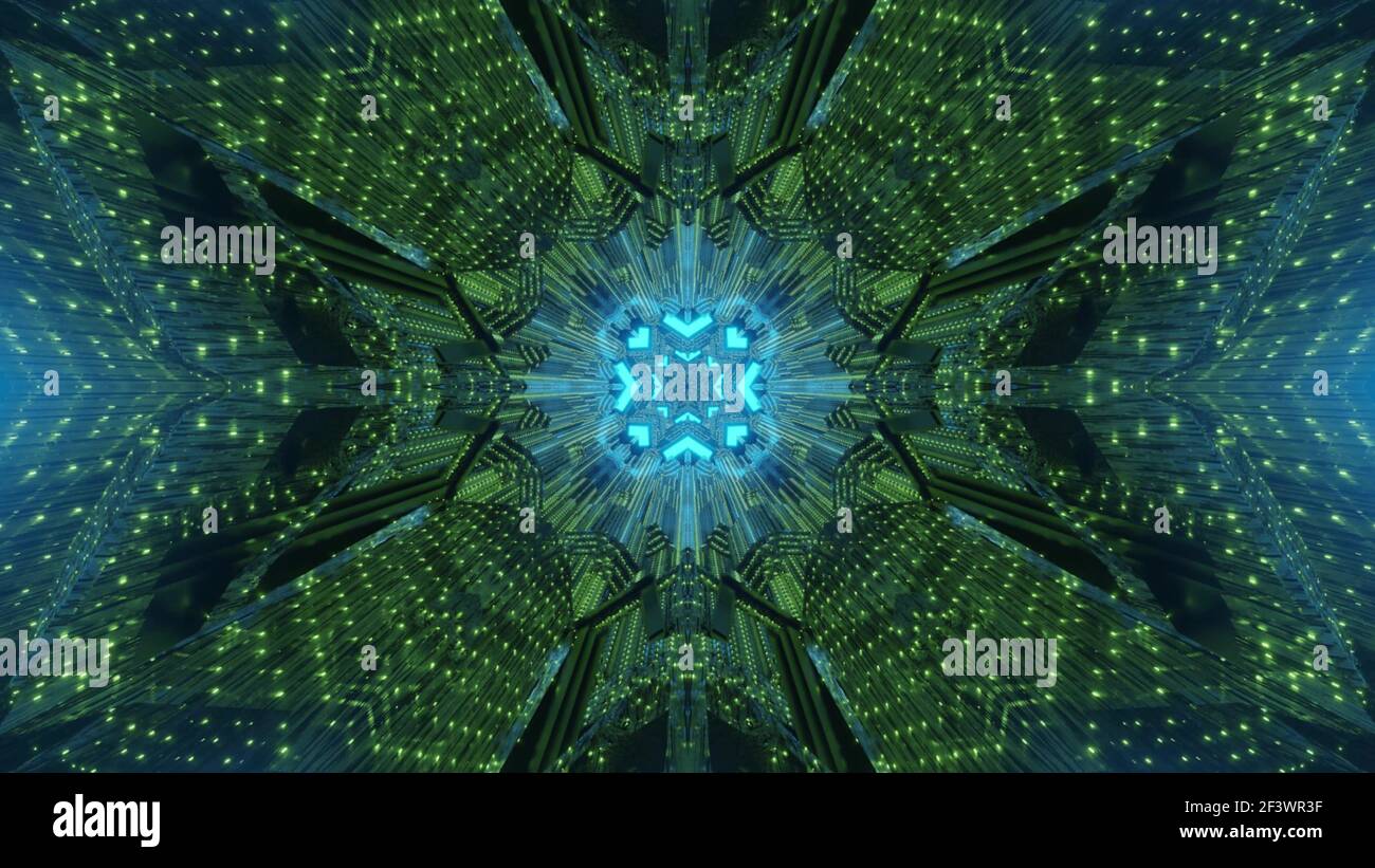 Abstract geometric pattern with gleaming neon lights 3d illustration ...