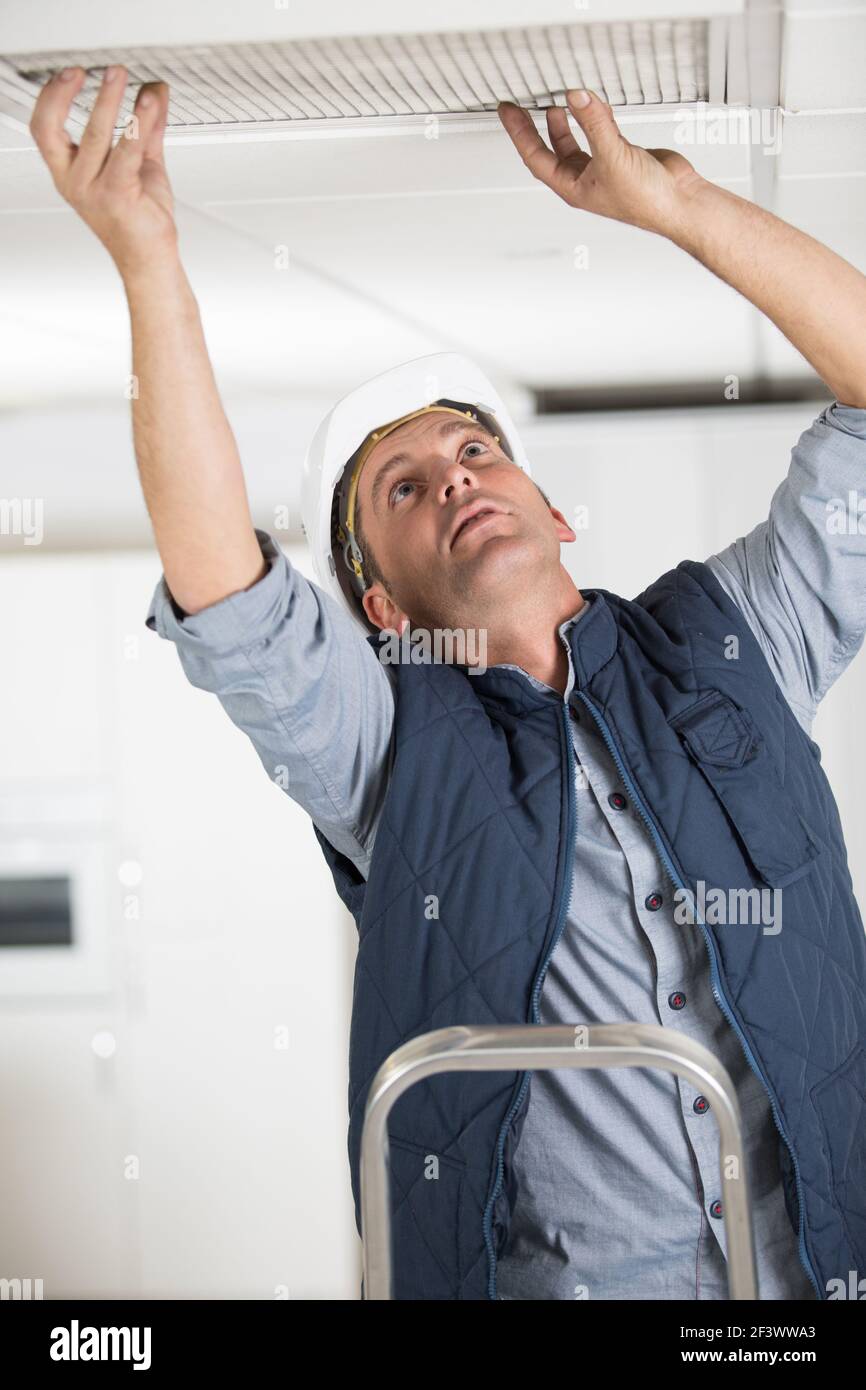 worker putting up the ceiling from ladder Stock Photo - Alamy