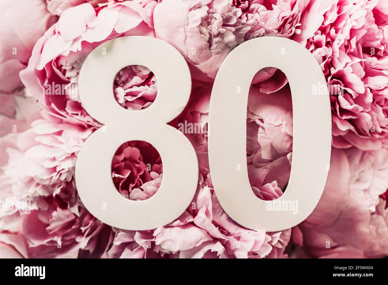 Peony flowers, digit eighty. Birthday greeting card with inscription 80 ...