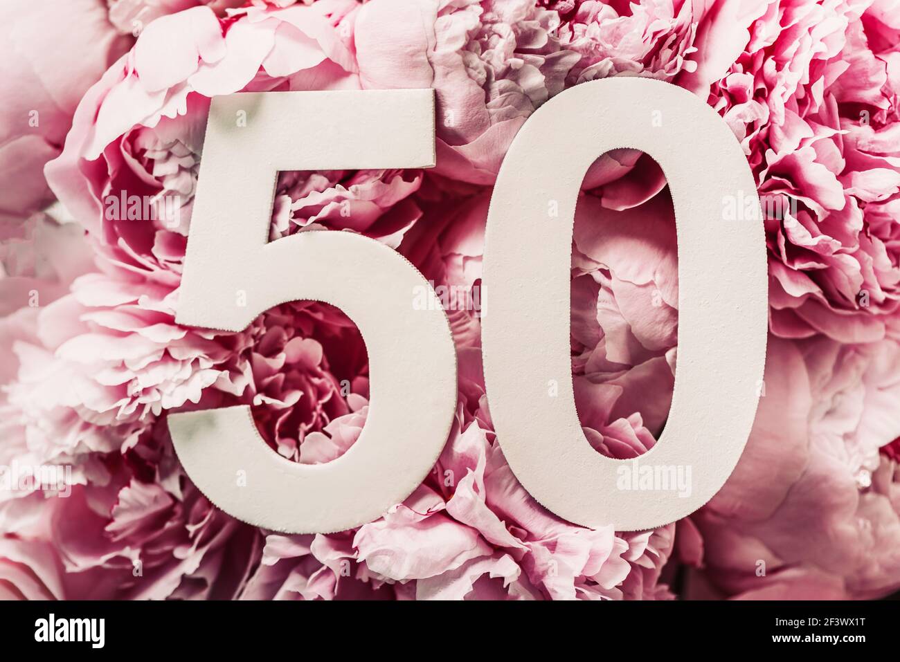 Peony flowers, digit fifty. Birthday greeting card with inscription 50 ...