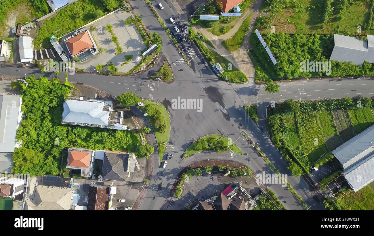 Aerial view to road congestion in front of street crossing, approaching ...