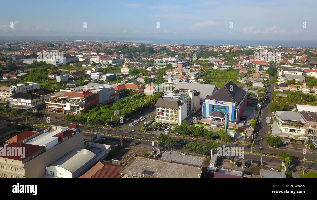 Kuta, Bali, Indonesia, March 15, 2021. Aerial drone view of Kuta city ...