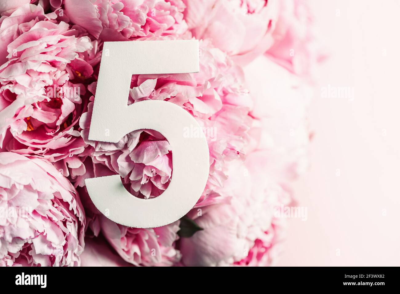 Creative layout. Pink peony flowers and digit five 5. Birthday greeting ...