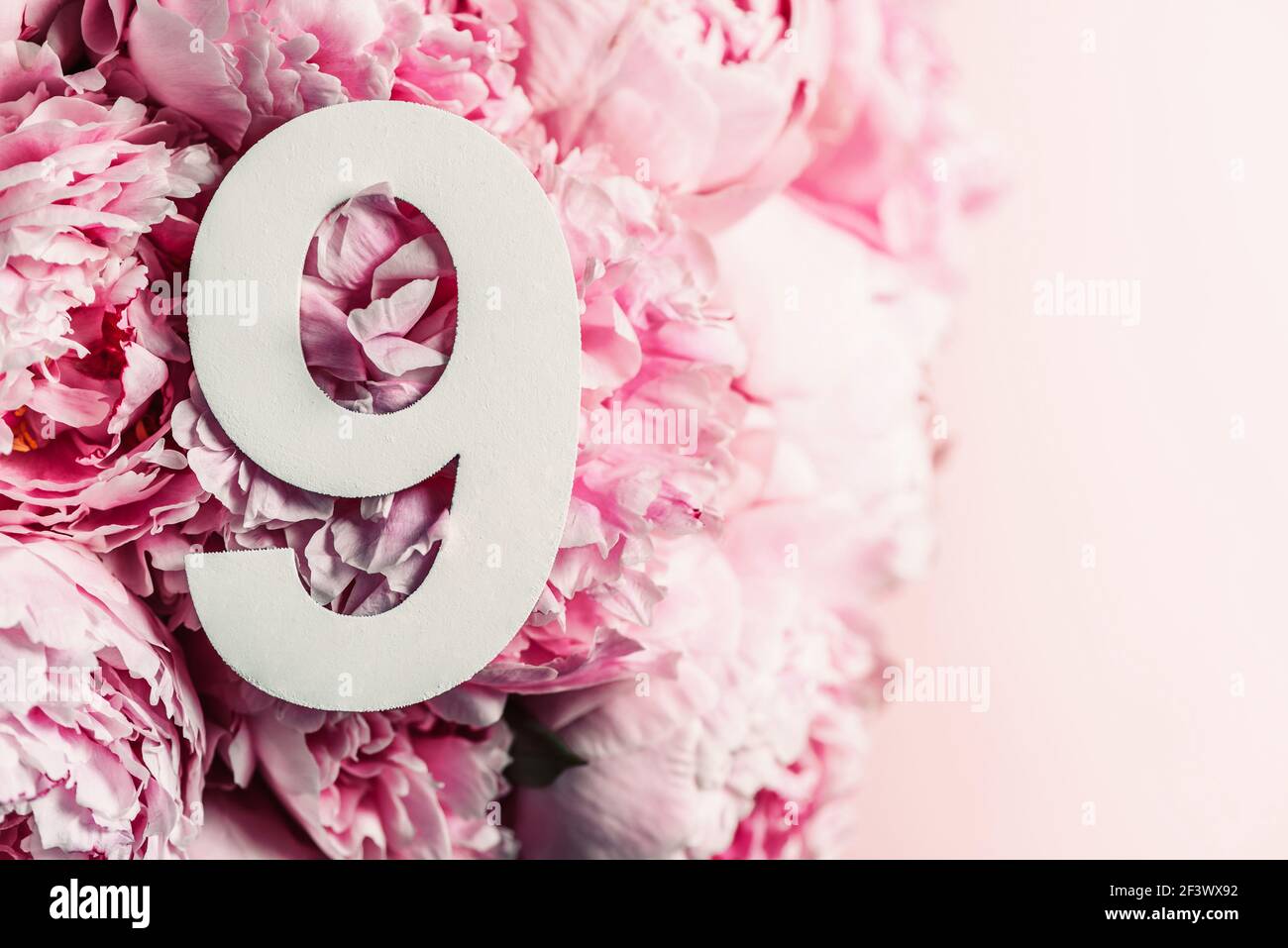 Creative layout. Pink peony flowers and digit nine 9. Birthday greeting ...