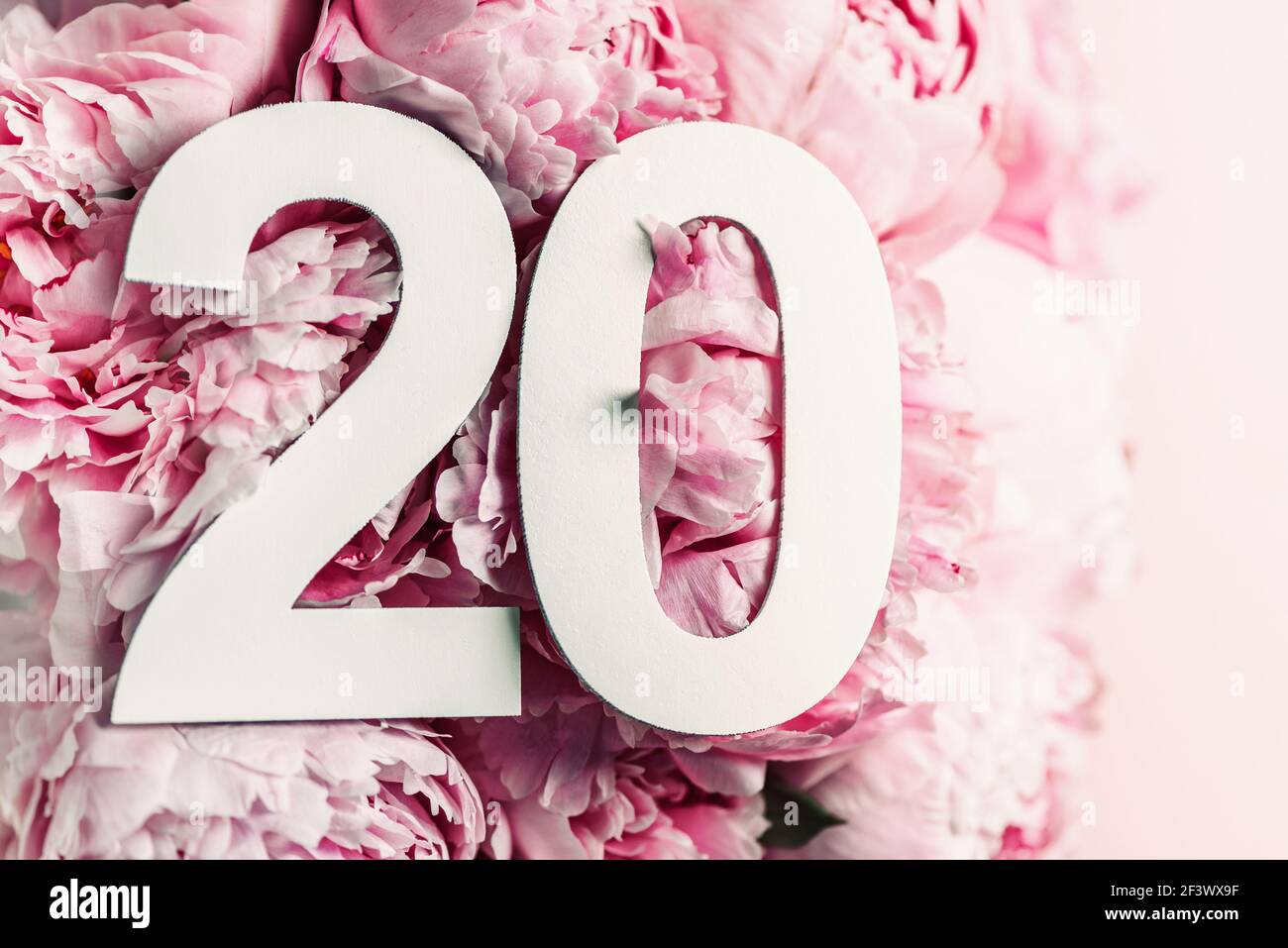 Peony flowers, digit twenty. Birthday greeting card with inscription 20 ...
