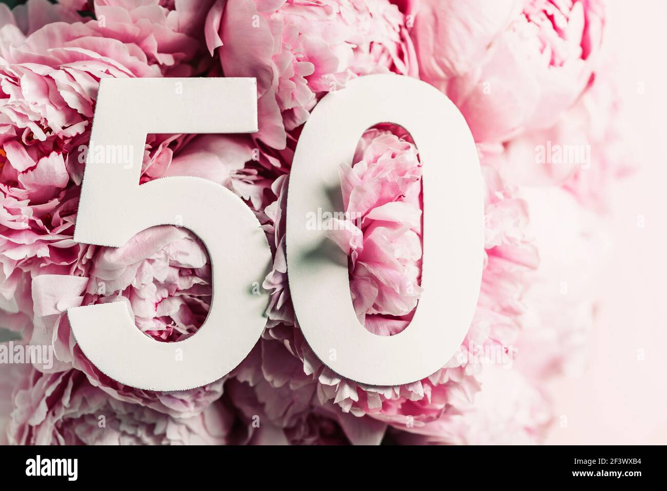 Peony flowers, digit fifty. Birthday greeting card with inscription 50 ...